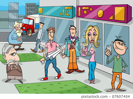 cartoon people characters on street in the city - Stock Illustration ...