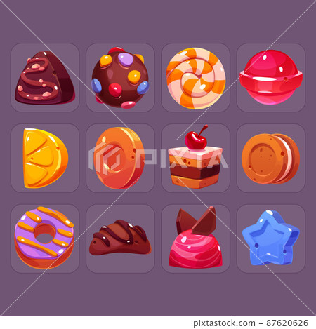 Candy game icons, confectionery and pastry set - Stock Illustration ...