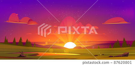 Cartoon nature landscape beautiful sunset at field-插圖素材 [87620801 ...