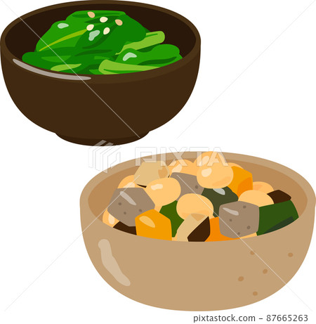 Gomoku beans and a small bowl of ohitashi,... - Stock Illustration ...