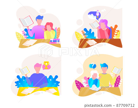 Reading people flat character set with books... - Stock Illustration ...