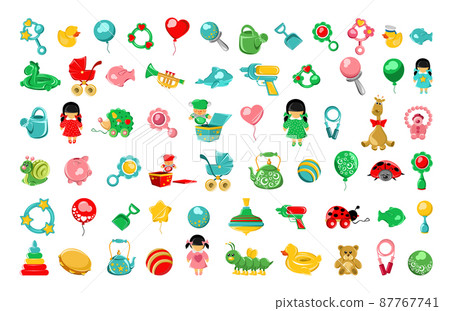 Collection of colorful children's toys in flat... - Stock Illustration ...