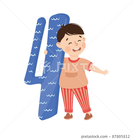 Little Boy with Huge Number Four or Numeral... - Stock Illustration ...