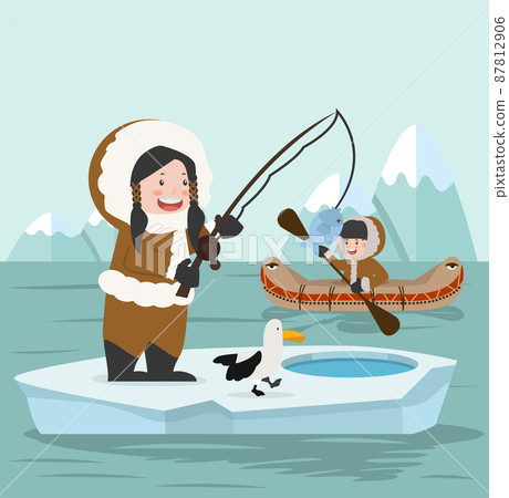 Arctic eskimo fishing on ice floe cartoon - Stock Illustration ...