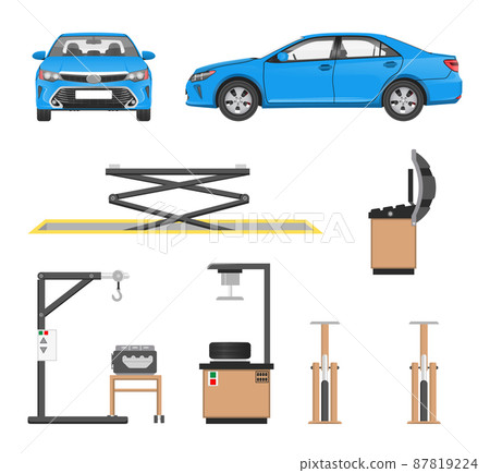 Set of Tools for Car Repairing and Blue Sedan - Stock Illustration ...