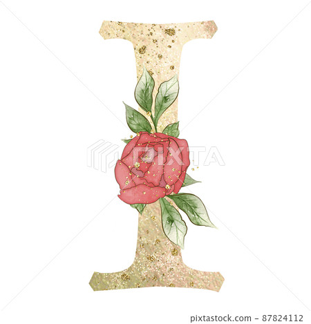 Gold capital letter I decorated with peonies... - Stock Illustration ...