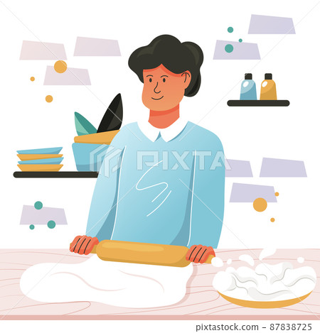 The smiling man rolls out the dough in the... - Stock Illustration ...