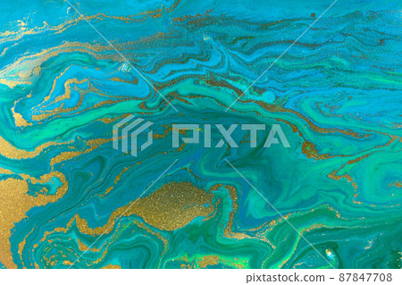 Gold waves on flow blue paints background.... - Stock Illustration ...