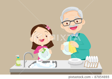 cute little girl washing dish with grandfather - Stock Illustration ...