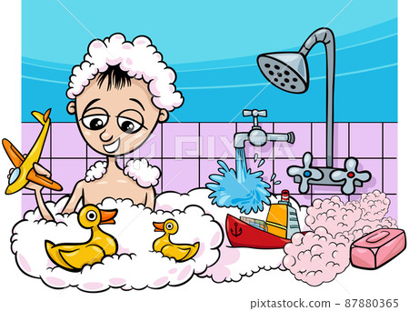 cute cartoon boy in bath with toys - Stock Illustration [87880365] - PIXTA