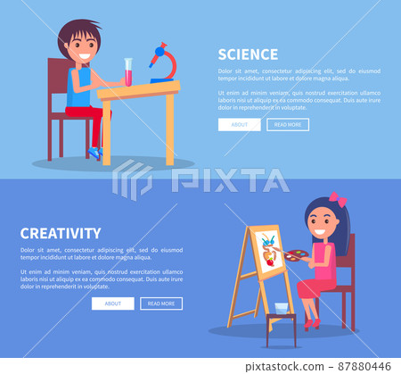 Science Creativity Posters Set with Girl and Boy - Stock Illustration ...
