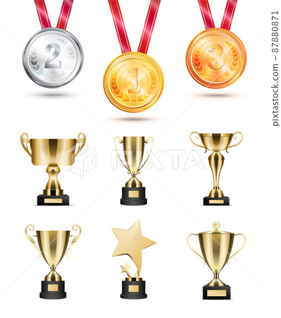 Medals for Competition, Golden Cups and Awards Set - Stock Illustration ...