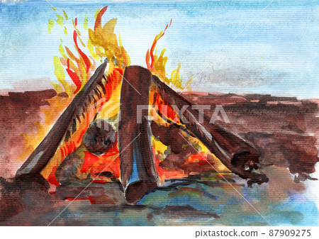 Painted bonfire on the shore with watercolors. - Stock Illustration ...