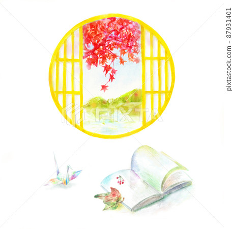 Round window shoji, autumn leaves, Japanese... - Stock Illustration ...