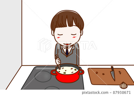 (Front) A male student making a white stew with... - Stock Illustration ...