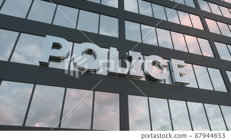 Police sign on a modern glass skyscraper....-插圖素材 [87944653] - PIXTA圖庫