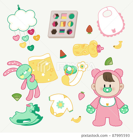 baby sticker pack with milk bottles, mobile,... - Stock Illustration ...