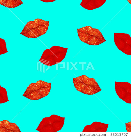 Red lips print on turquoise background Seamless...-插圖素材 [88015707 ...