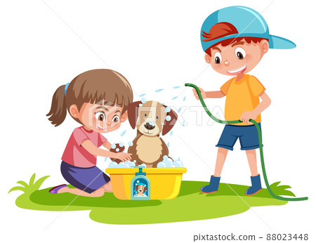 Cute dog take a bath with kids on white background - Stock Illustration ...