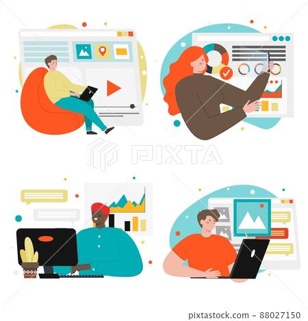 Business people working on laptop computer,... - Stock Illustration ...