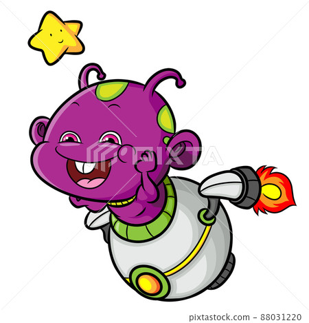 The crazy alien is jumping from the ufo and... - Stock Illustration ...