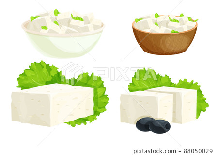 Feta cheese pieces in bowl in cartoon style... - Stock Illustration ...