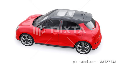 Red cute little electric hatchback car. 3D... - Stock Illustration ...