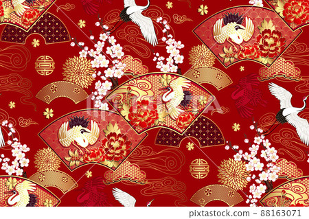 Spring Japanese background with fans and cranes - Stock Illustration ...