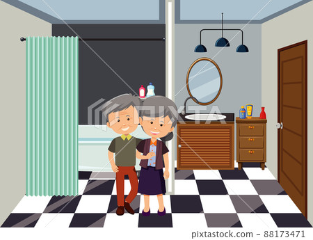 Bathroom scene with family members cartoon... - Stock Illustration ...