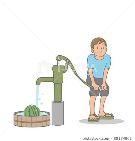 A boy pumping water with a hand-held well pump - Stock Illustration ...