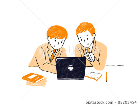 Two student boys looking at a PC together - Stock Illustration ...