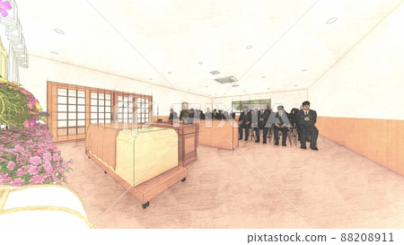 Funeral hall with people CG illustration - Stock Illustration [88208911 ...