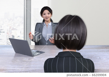 A female employee interviews near a window with... - Stock Illustration ...