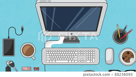 Image of computer and office items over blue... - Stock Illustration ...