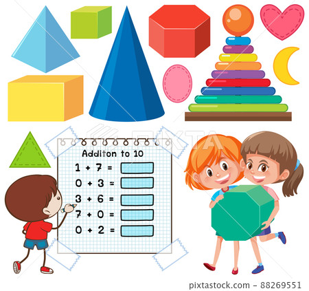 Math classroom objects with supplies and students - Stock Illustration ...