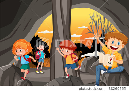 In cave scene with children exploring cartoon... - Stock Illustration ...