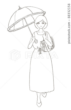 Line drawing of a woman holding a parasol - Stock Illustration ...