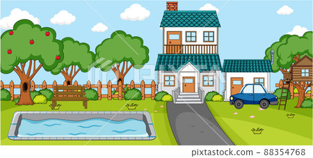 Outdoor scene with doodle house cartoon - Stock Illustration [88354768 ...