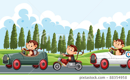 Race track scene with monkey racing drivers - Stock Illustration ...