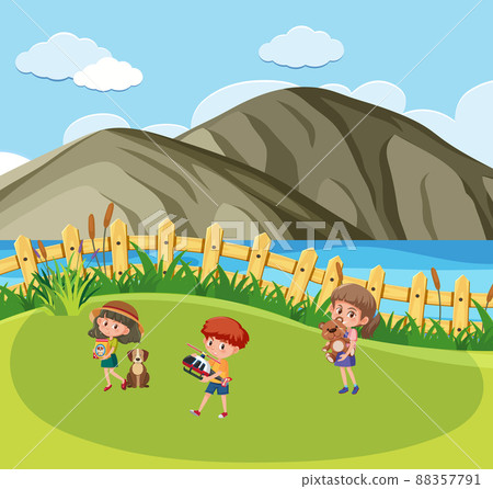 Outdoor park scene with people cartoon character - Stock Illustration ...