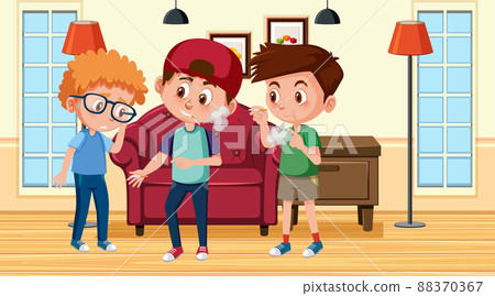 Cartoon children smoking in the room scene - Stock Illustration ...