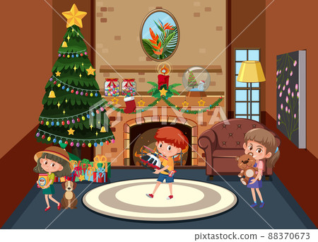 Children celebrating Christmas at home - Stock Illustration [88370673 ...