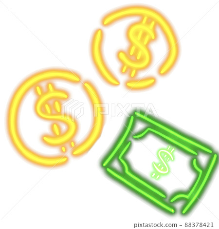 Coin and bank note money icon illuminate neon... - Stock Illustration ...
