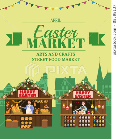 Easter Market poster, wooden stall decorated... - Stock Illustration ...