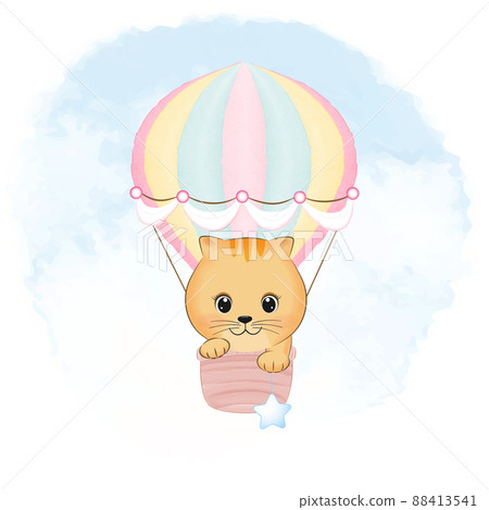 Cute little Orange Cat on hot air balloon... - Stock Illustration ...