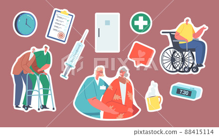 Set of Stickers Medical Care of Elderly People....-插圖素材 [88415114 ...