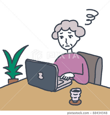 Grandma with a troubled face looking at the PC... - Stock Illustration ...