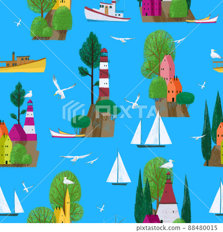 Seamless pattern with bright islands. Ships,... - Stock Illustration ...
