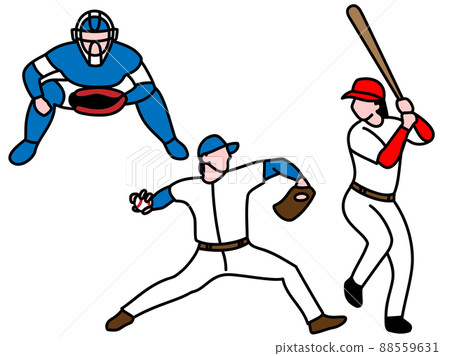3 illustrations of pitcher, batter, and catcher... - Stock Illustration ...
