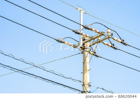 Japanese Transmission Pole Train Electricity Post In Japan Under Blue